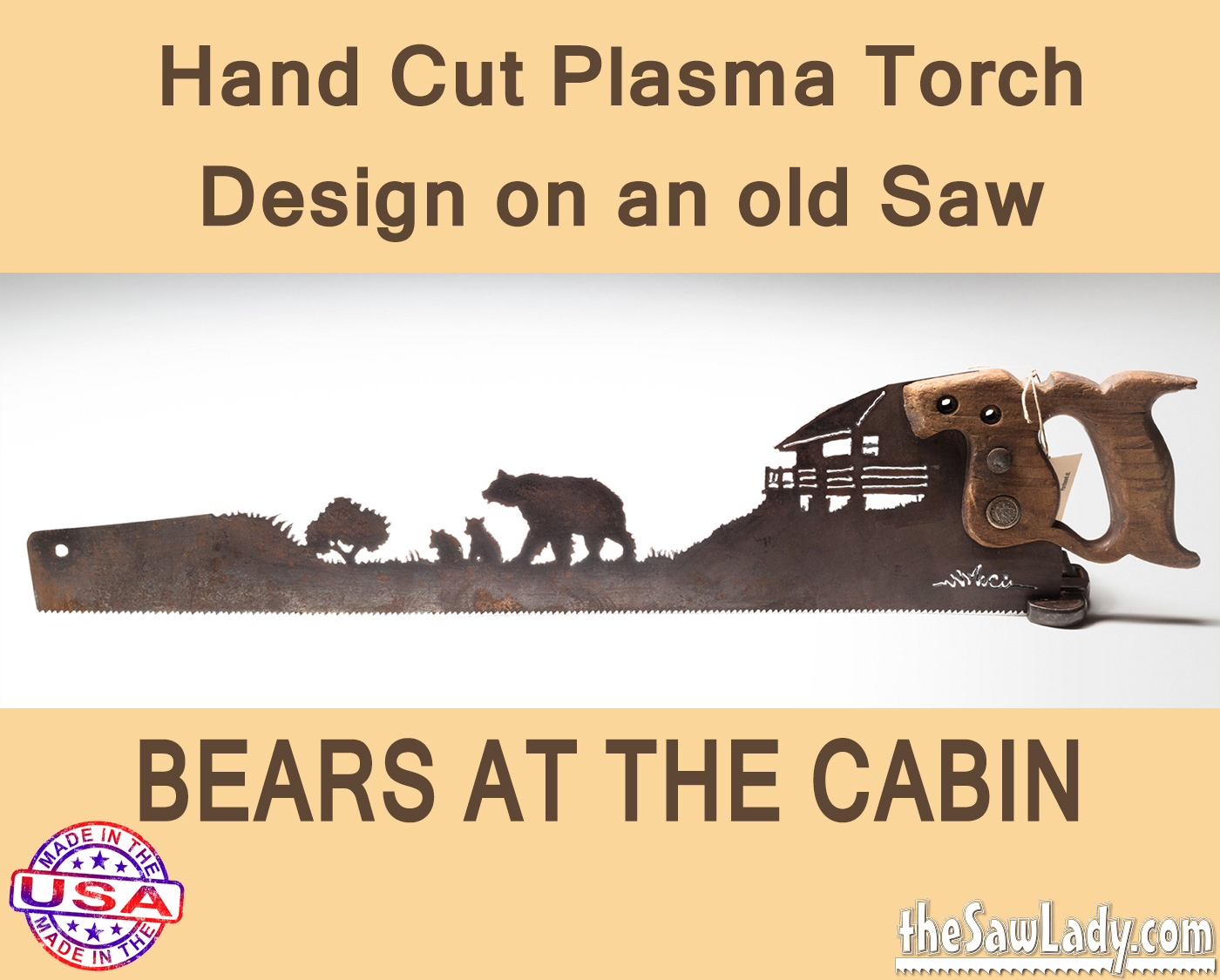 Bears at the Cabin- Hand Cut Plasma Metal Art Hand Saw- Rustic Wall ...